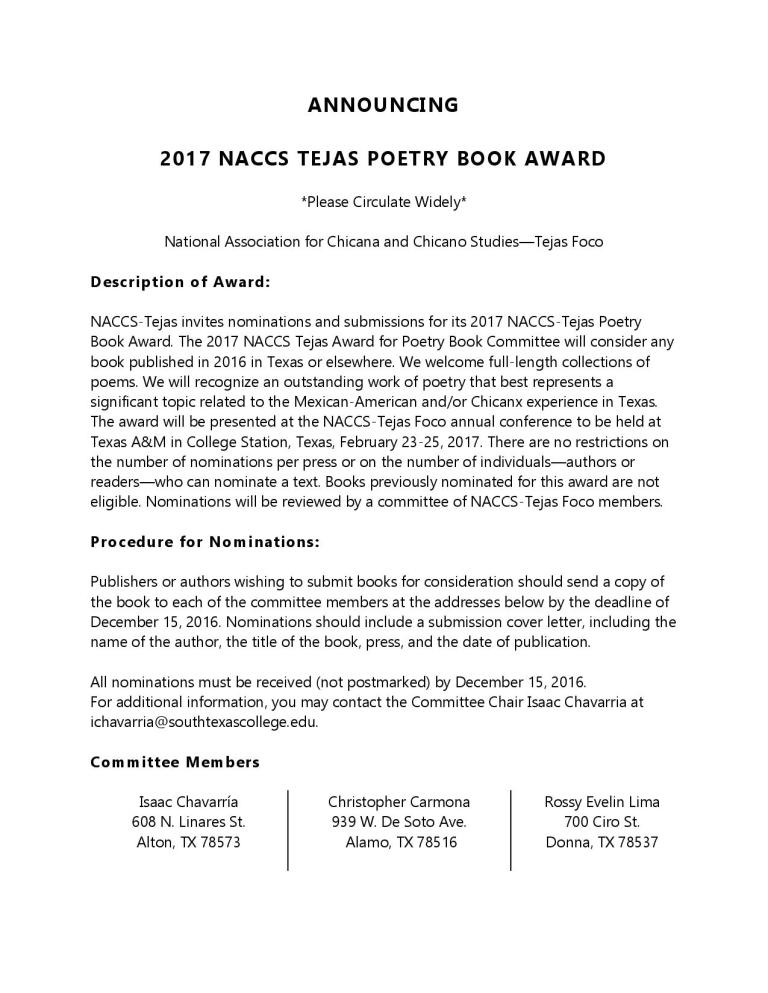 NACCS-TEJAS Poetry Book Award | Borderlands History
